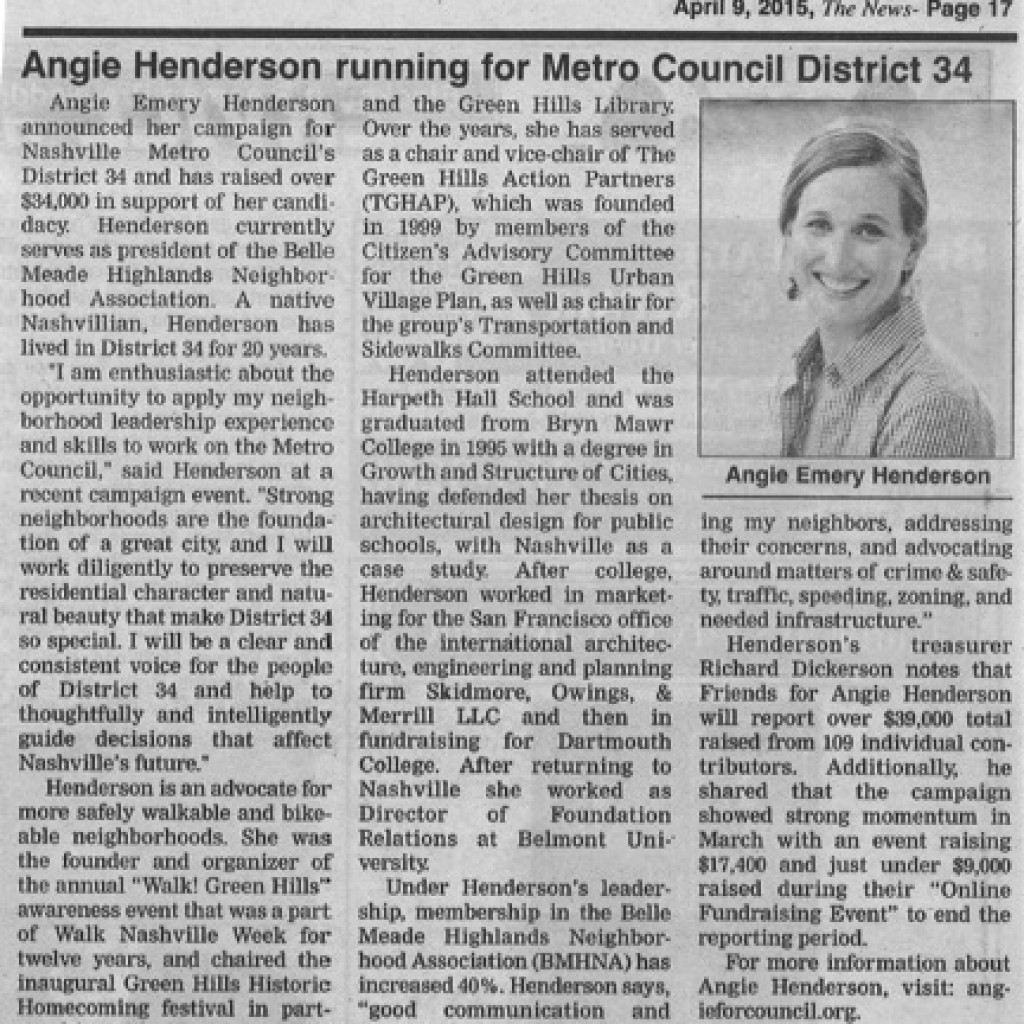 Angie in the Green Hills News | Angie Henderson for Vice Mayor